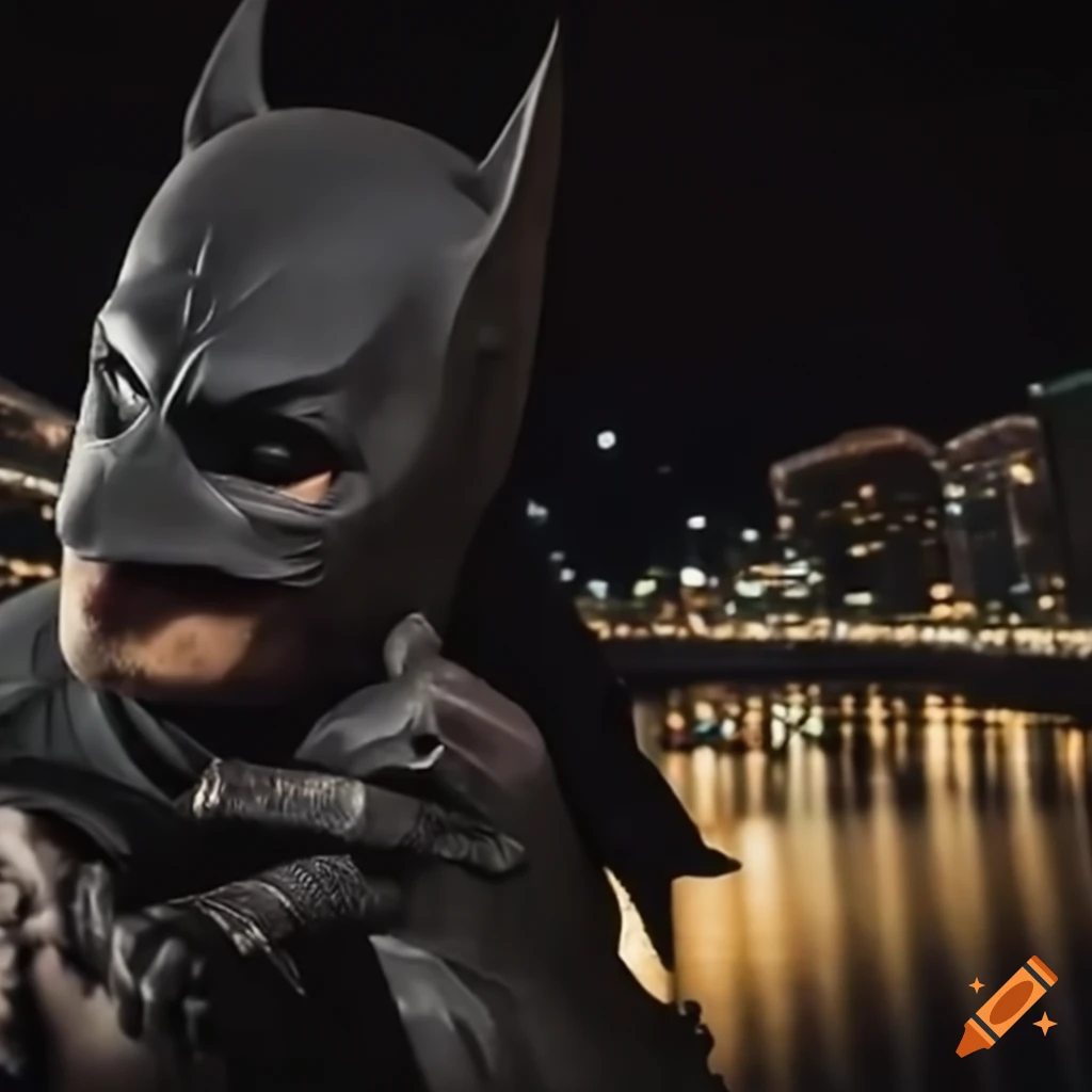 Batman taking a selfie with a sea monster in city at night on Craiyon