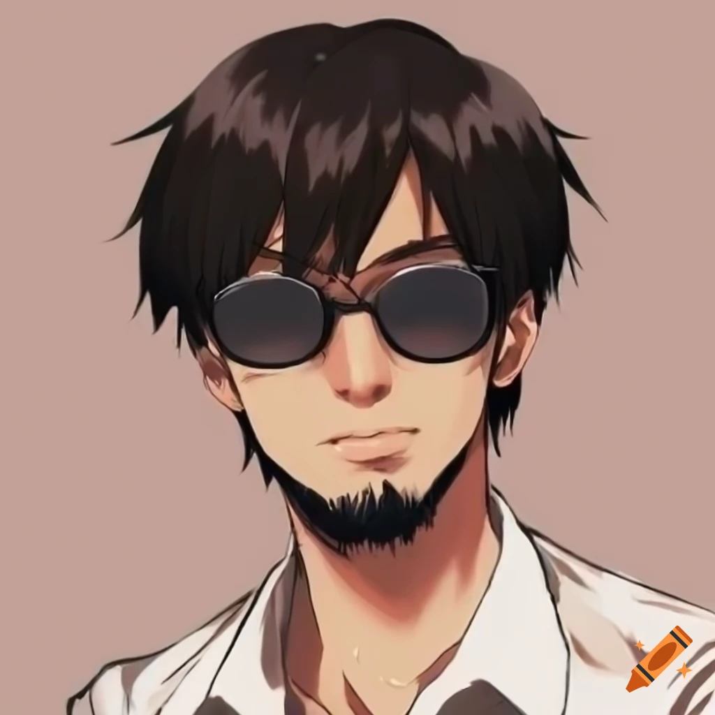 Japanese anime style character with brown skin, black hair, goatee, and ...