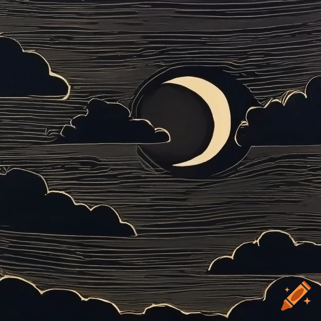 Linocut of moon and clouds in high contrast black and white on Craiyon