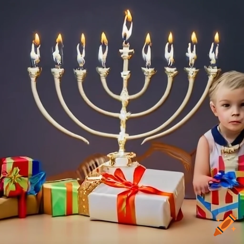 Hanukkah gifts with menorah in the background on Craiyon