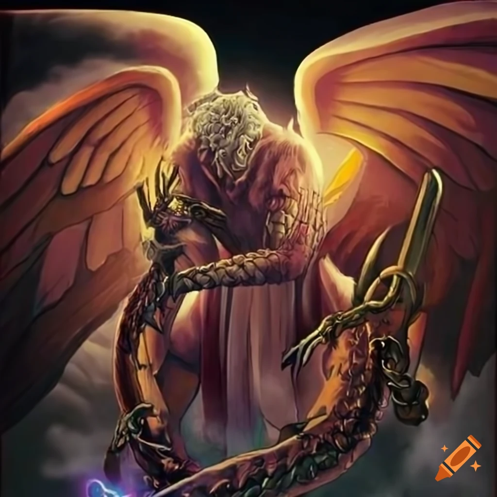 An angel with a chain binding the dragon in a religious depiction on ...