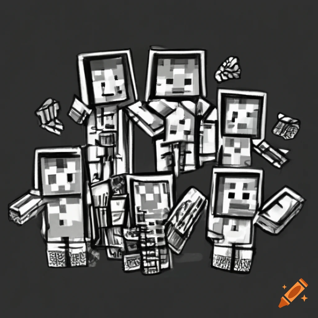 Ink drawing of cheerful minecraft players on Craiyon