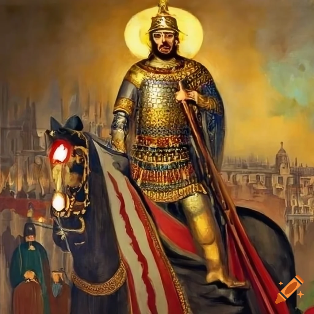 Historical painting of king of rus entering conquered city on horseback ...
