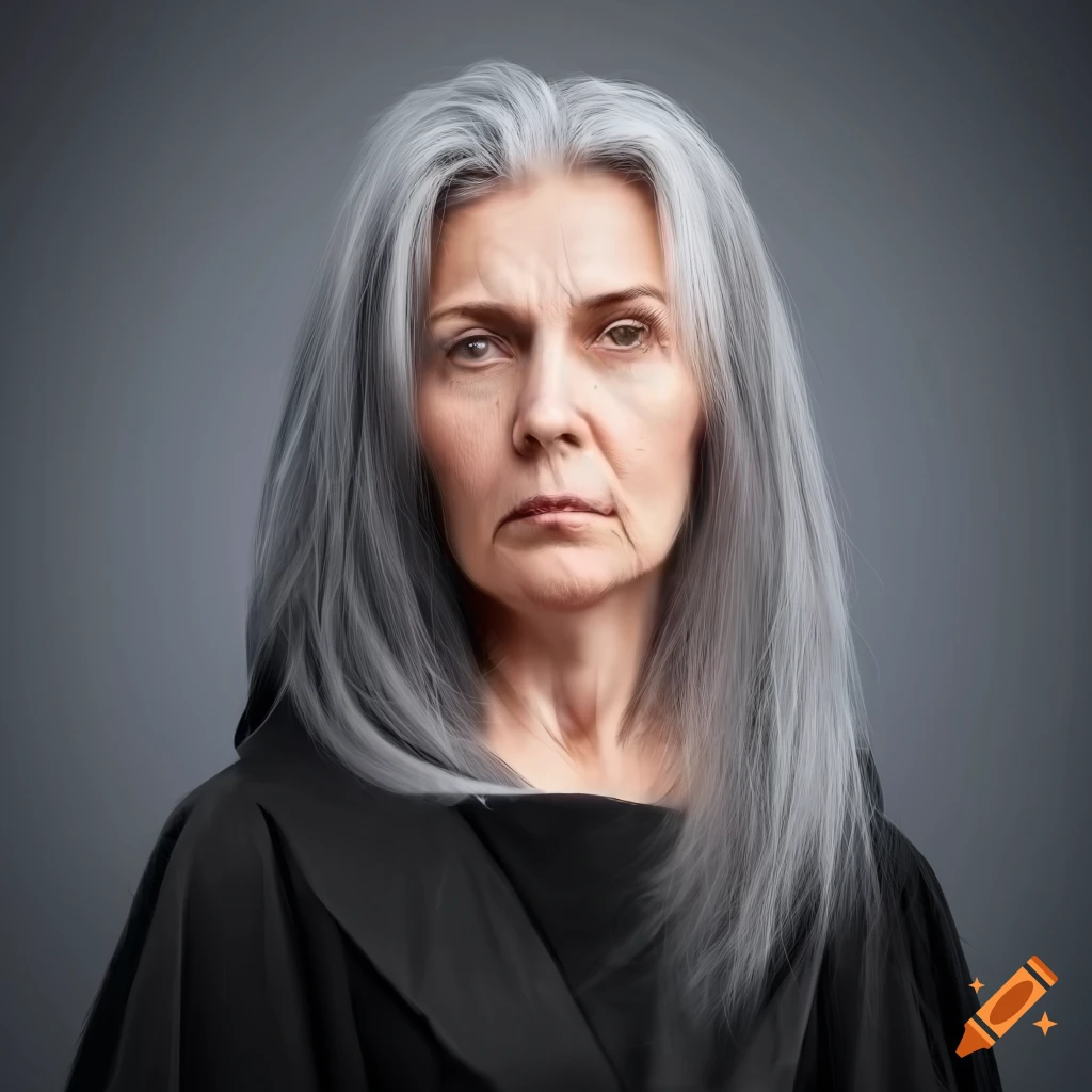 Confident mature woman with long gray hair in a black robe against a gray background on Craiyon