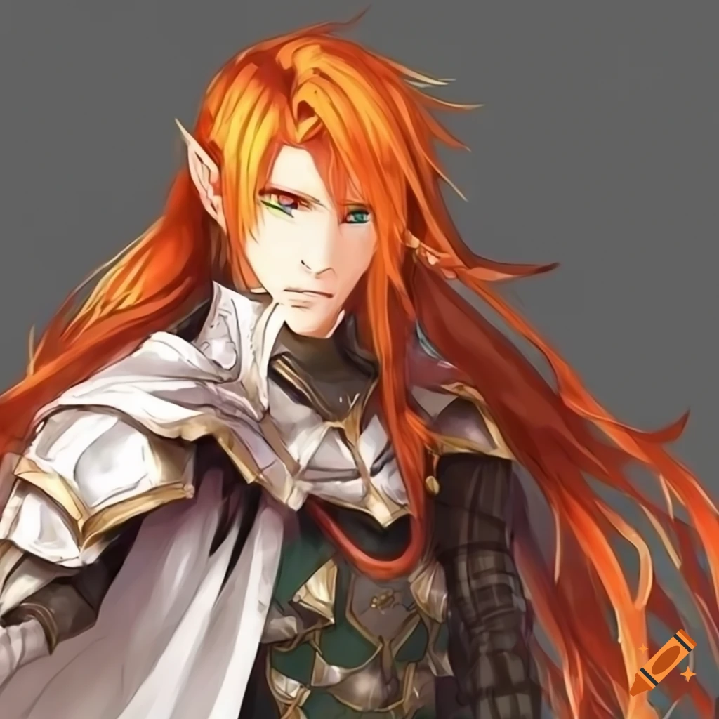 Anime male elf knight with long orange hair and green eyes on Craiyon
