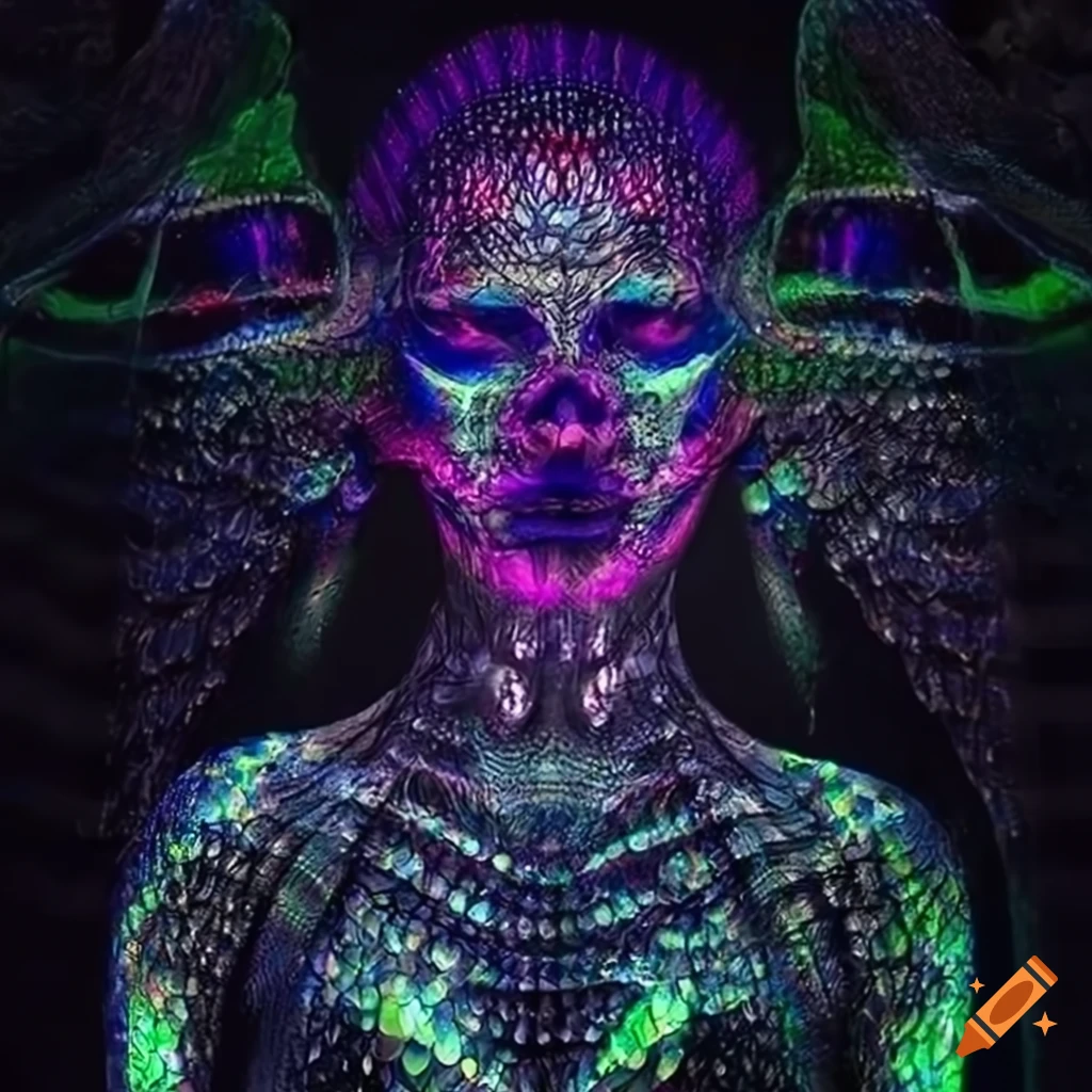 Close-up portrait of a biopunk mermaid with bioluminescent scales ...