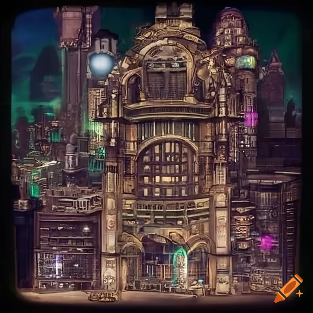 Vibrant steampunk city with towering clockwork skyscrapers on Craiyon