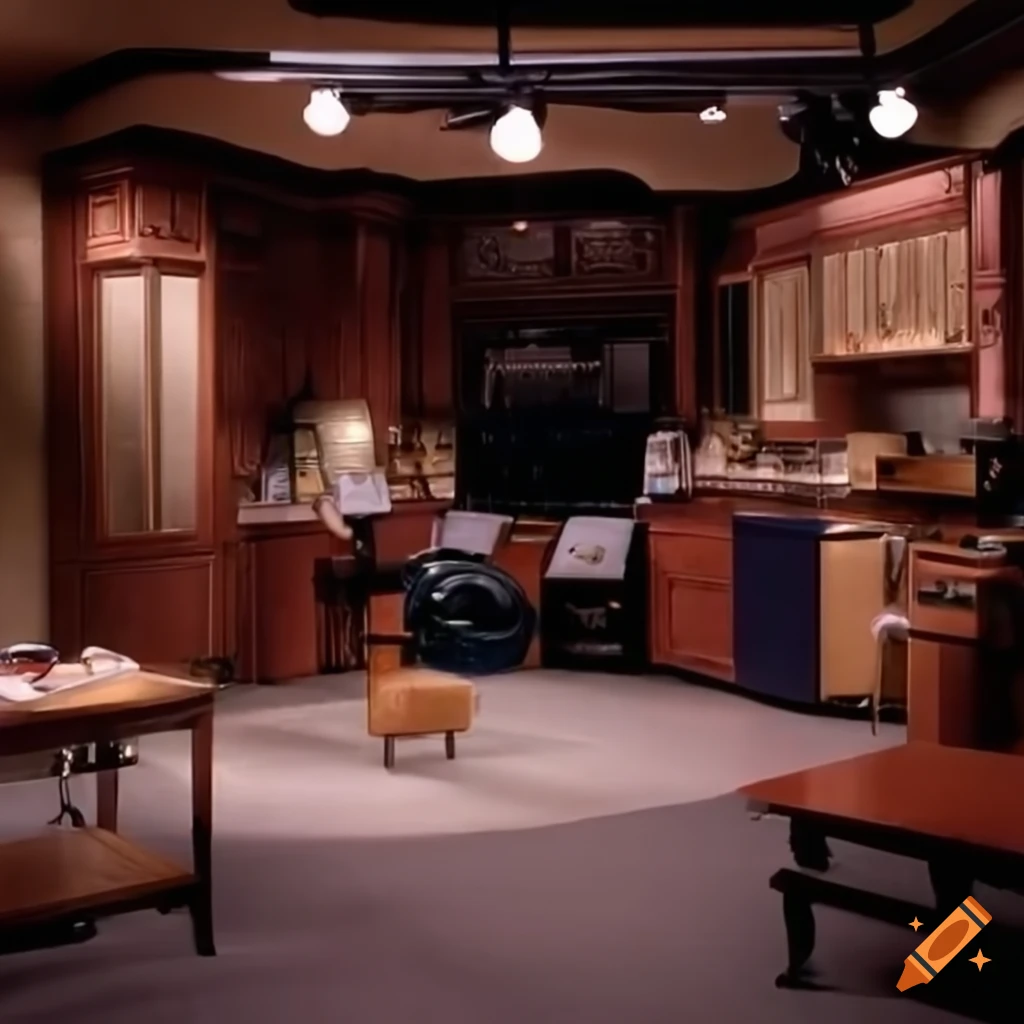 Photorealistic photograph of a 90's sitcom set with nostalgic feeling ...