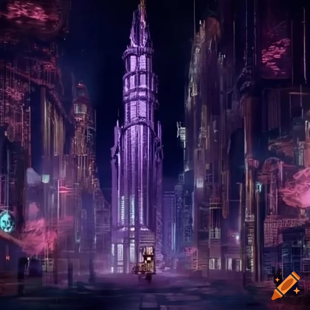 Vibrant steampunk city with towering clockwork skyscrapers and ...