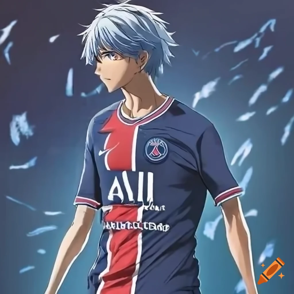 Seishiro nagi from the anime blue lock wearing a psg jersey on Craiyon