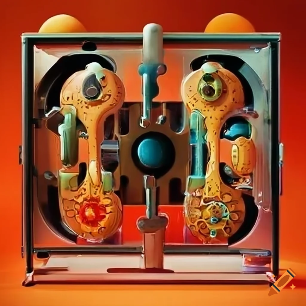 Surrealist puzzle machine system with glass, copper, plastic, enigma ...
