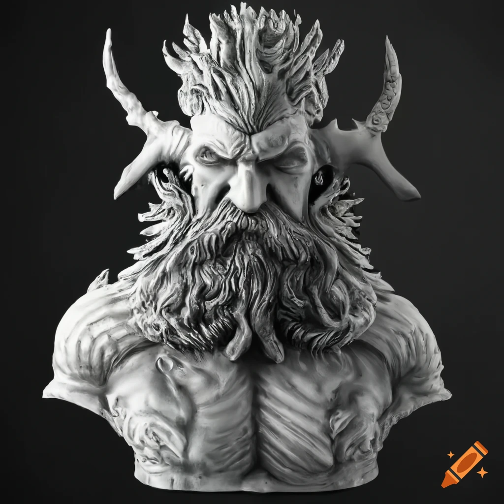 Detailed black and white bust of a bearded forest god on Craiyon