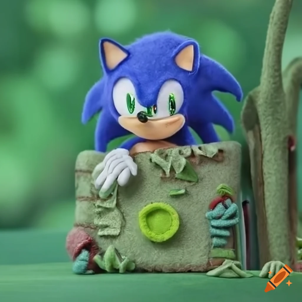 Sonic the hedgehog in a lush green felt diorama on Craiyon