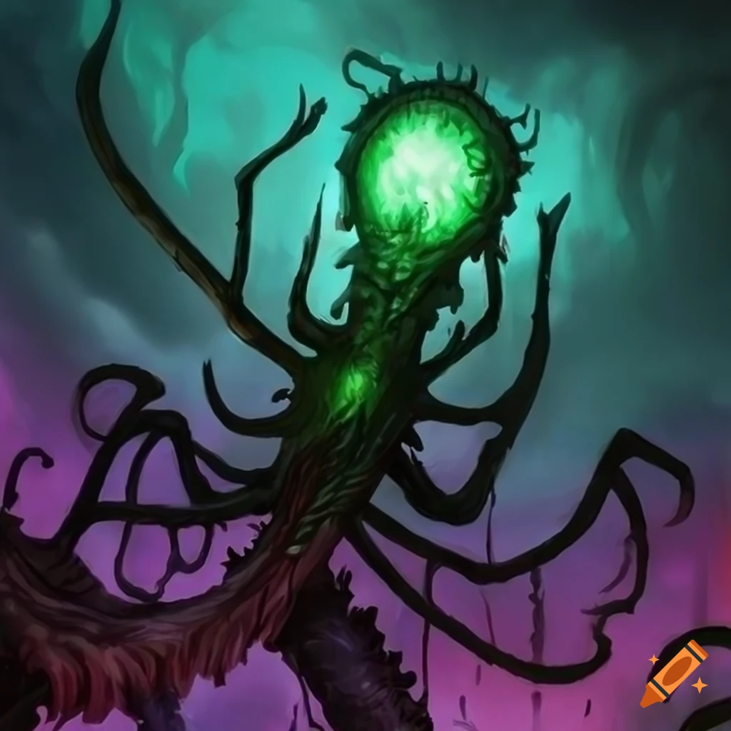 Eldritch eldrazi titan with green, red, and blue colors in a macabre setting on Craiyon
