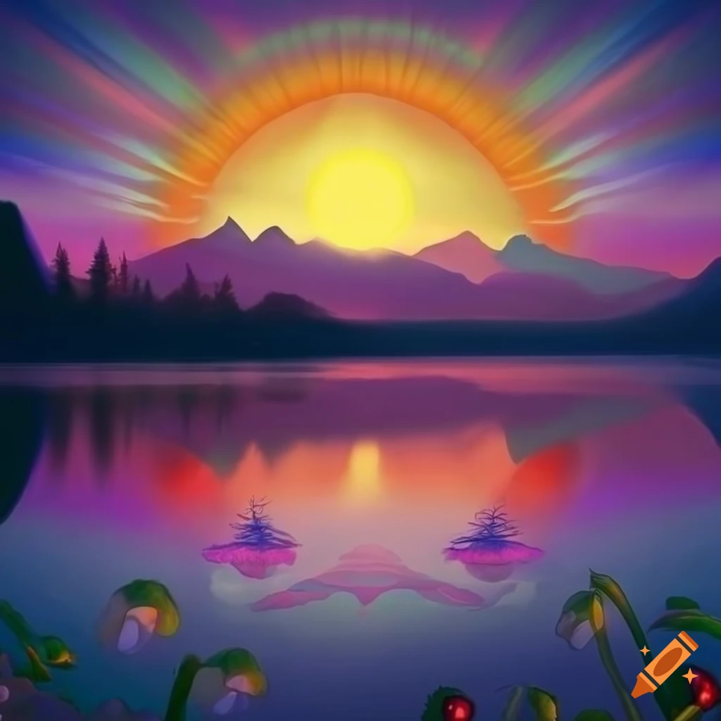 Sunset bathing a tranquil mountain lake in golden light with deviantart masterpiece aesthetic on ...