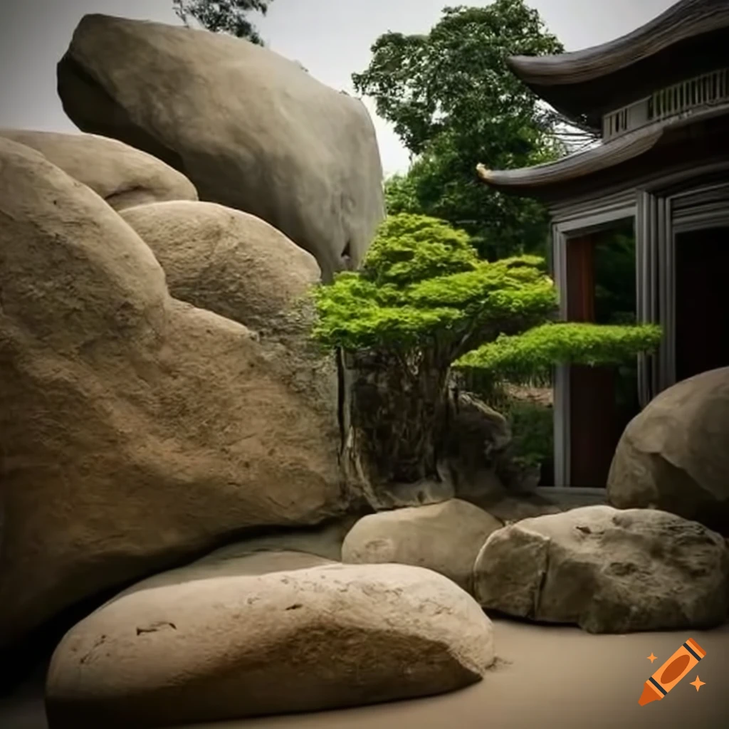 Oriental garden with impressive boulder and finely raked sand on Craiyon