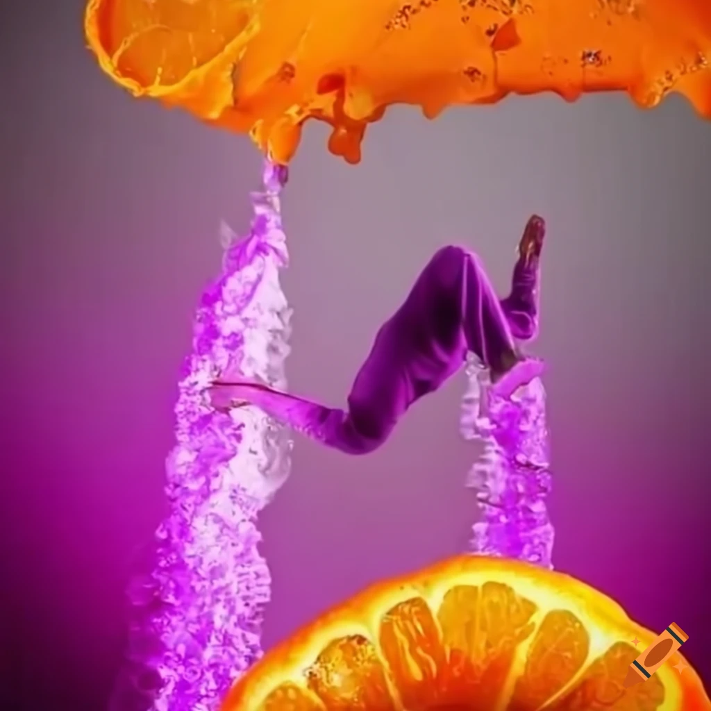 Purple man falling down orange soda waterfall on Craiyon