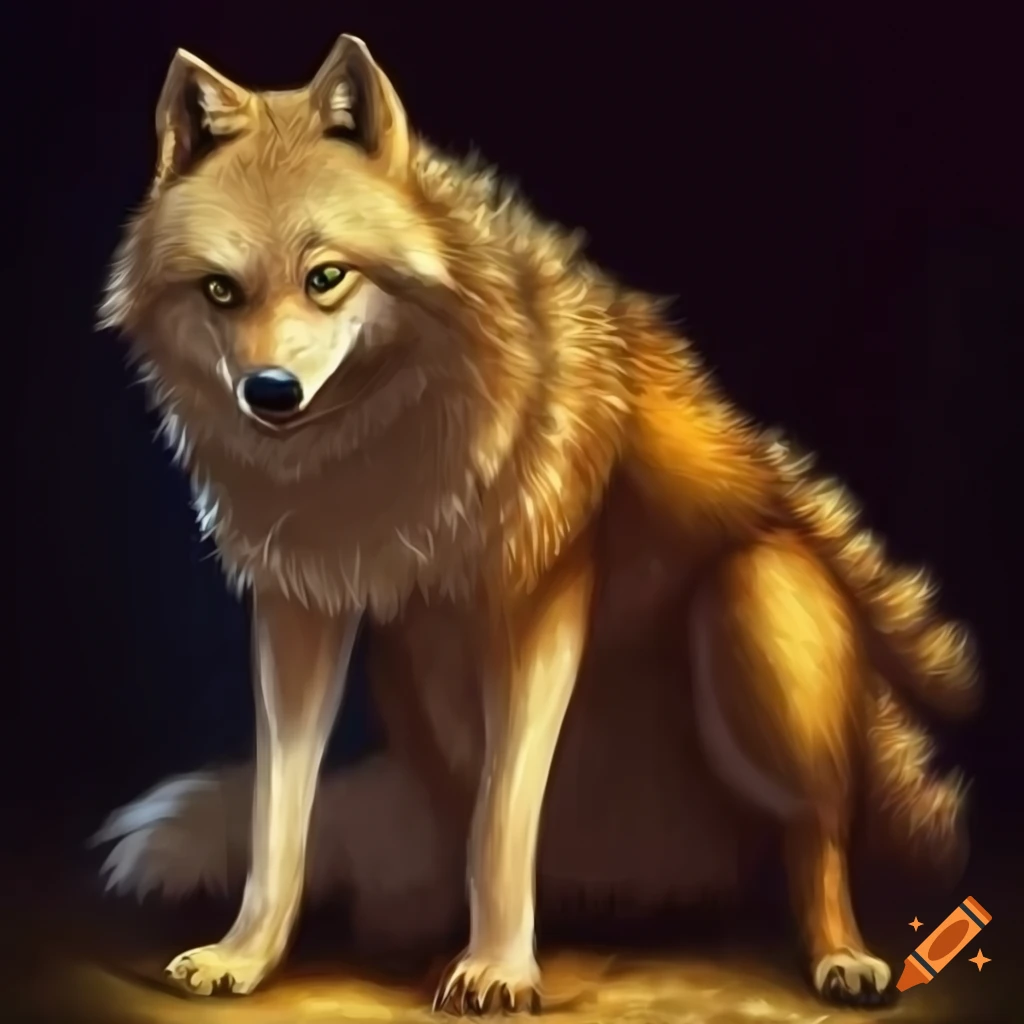 Golden wolf in the andes in a fantasy setting on Craiyon