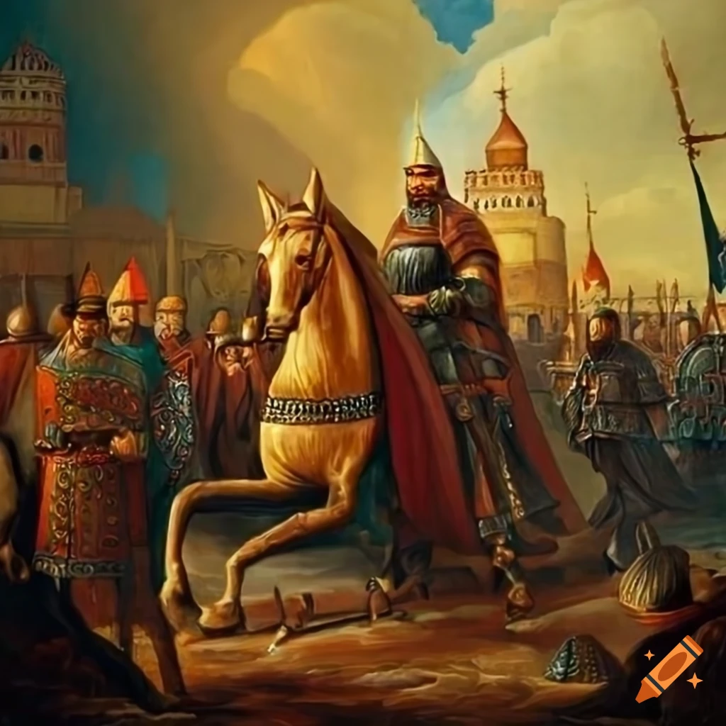 Historical painting of the king of rus entering a conquered city on ...