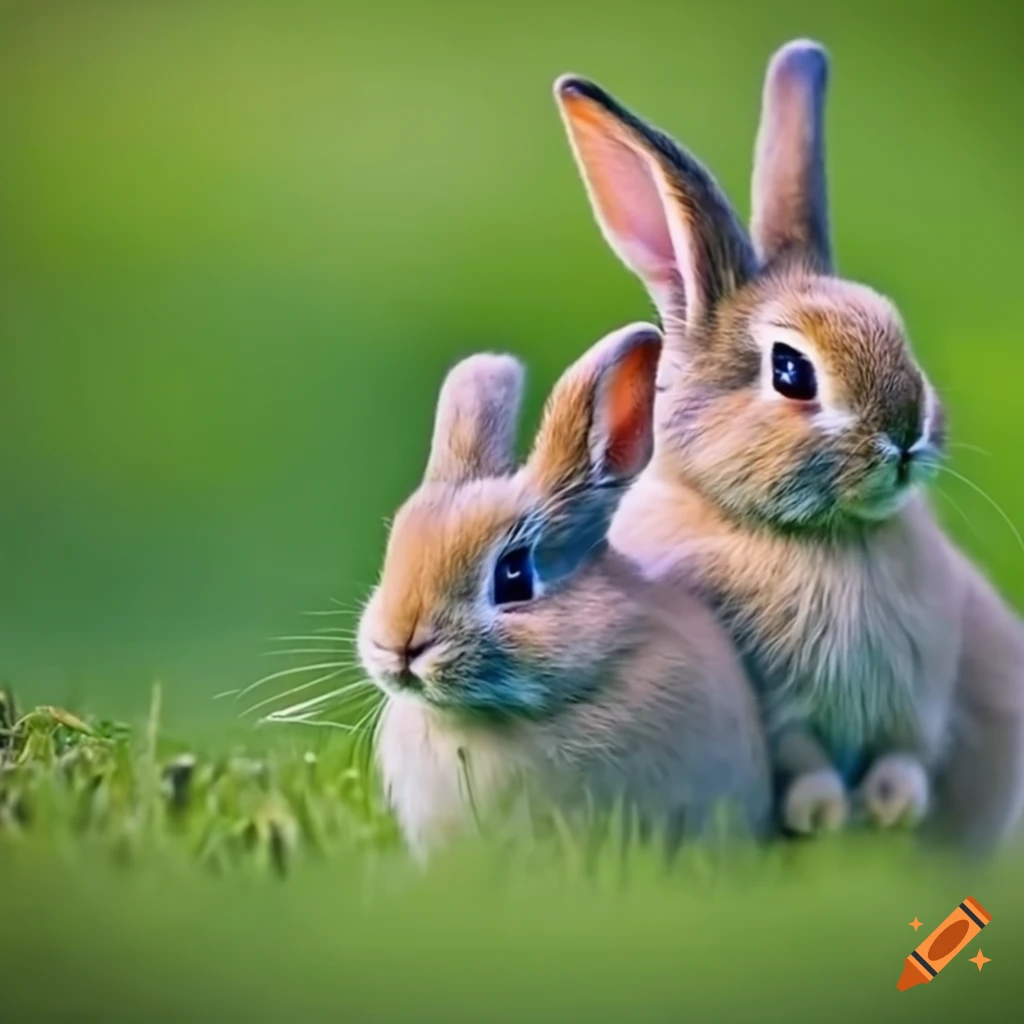 Three fluffy bunnies hopping in a lush green meadow on Craiyon