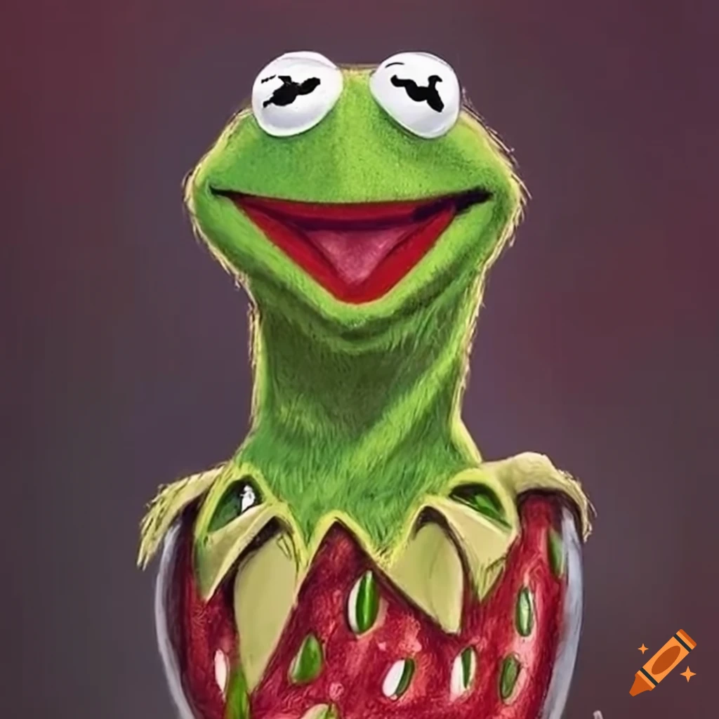 Cartoonish Kermit the frog knight with holy grail made of strawberries ...