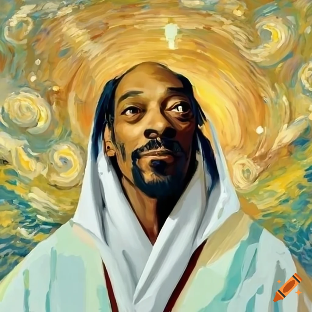 Snoop Dog in white robe at the gates of heaven making V sign on Craiyon