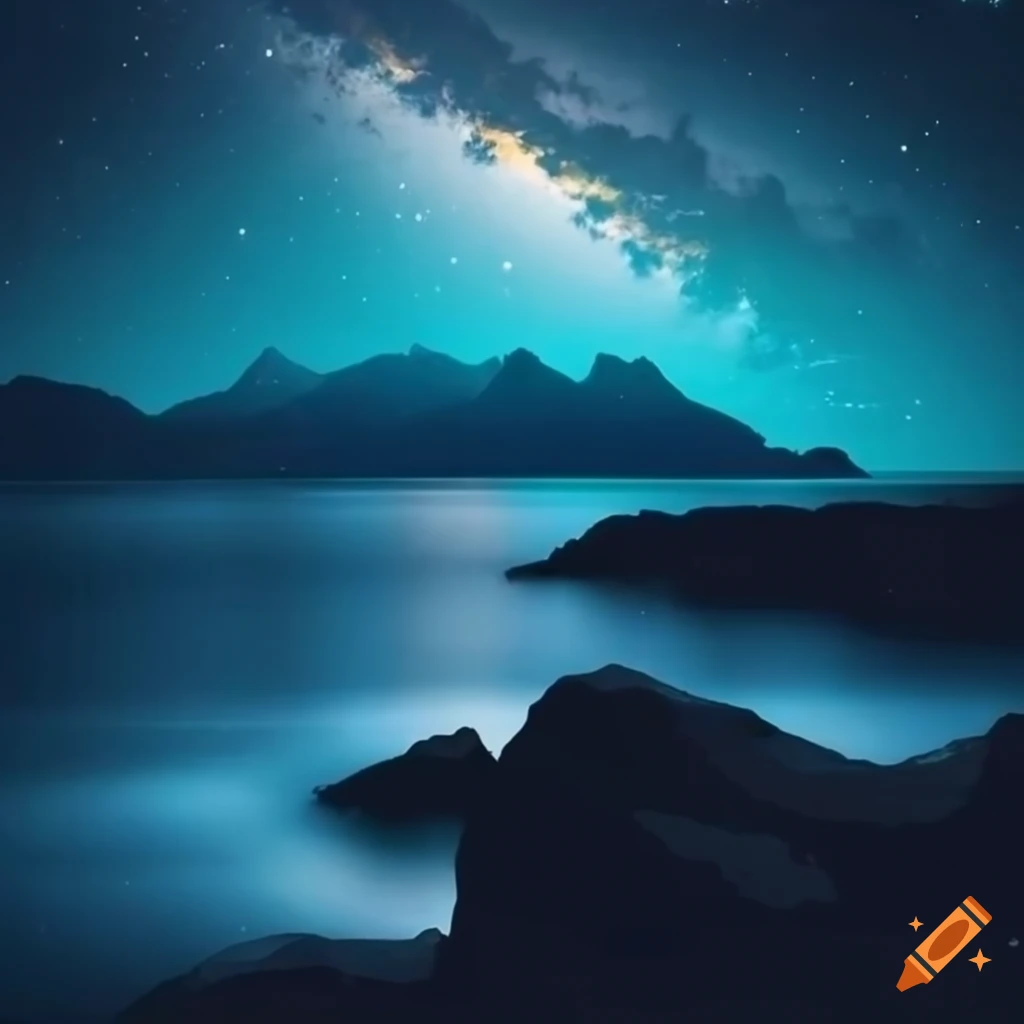 Epic nighttime landscape with mountains and a vast sea on Craiyon