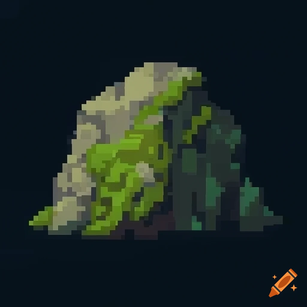 Detailed side view pixel art of moss-covered boulder on Craiyon
