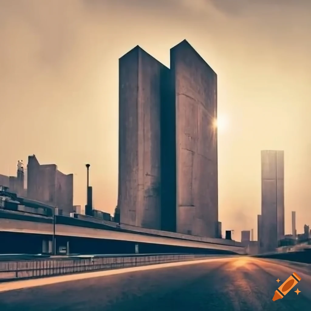 Modern brutalist concrete city with long highways in the afternoon sun ...