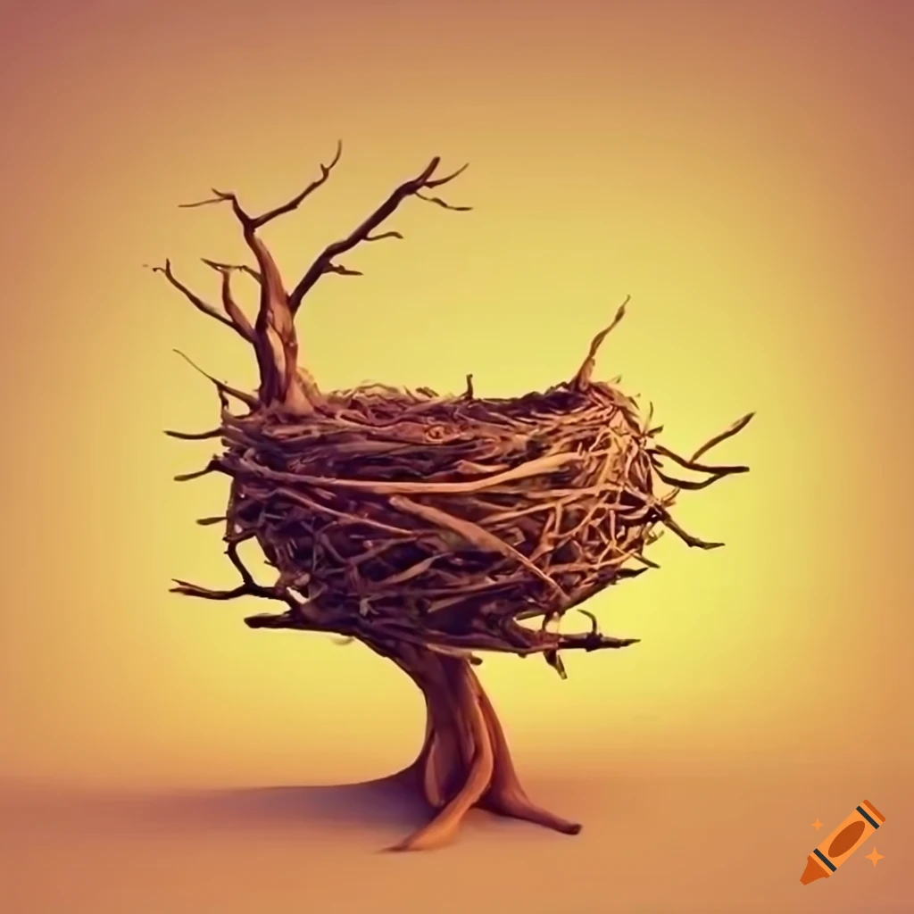Stylized bird's nest growing into a tree on Craiyon