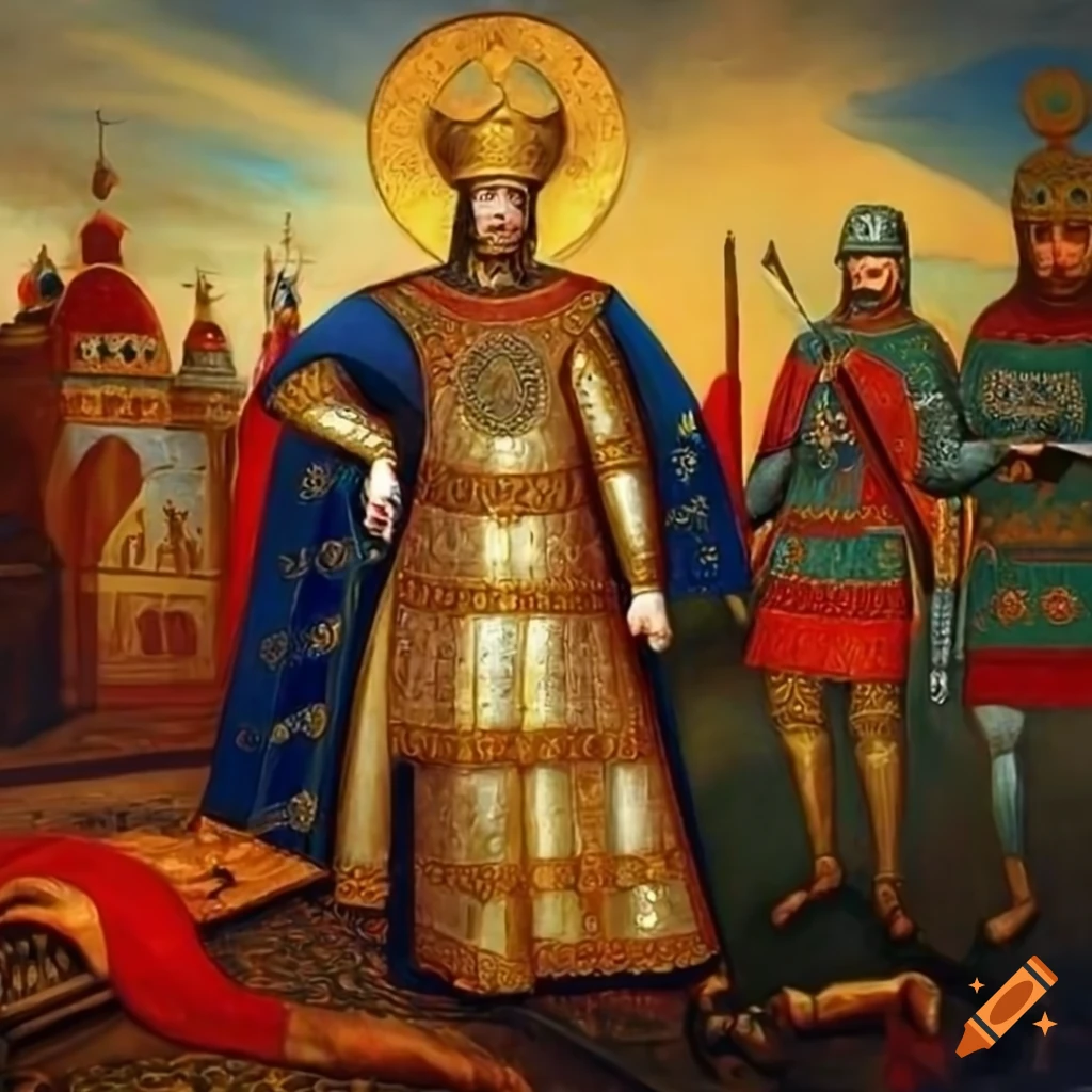 Historical painting of king of rus entering conquered city on horse on ...