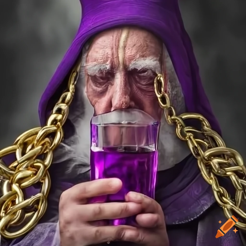 Photorealistic wizard drinking purple drink on Craiyon
