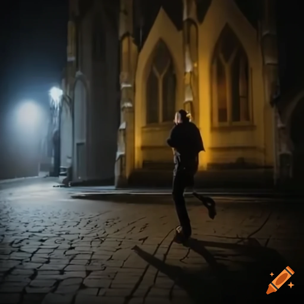 Man running away from a church at night on Craiyon