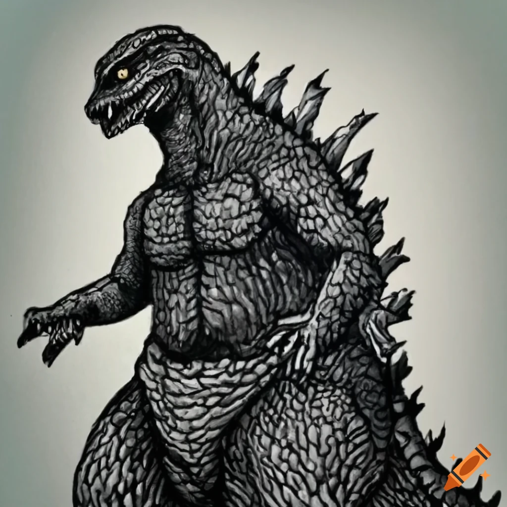 Detailed black and white watercolor and ink art of godzilla on Craiyon