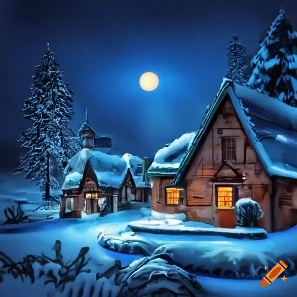 Peaceful winter village scene at night on Craiyon