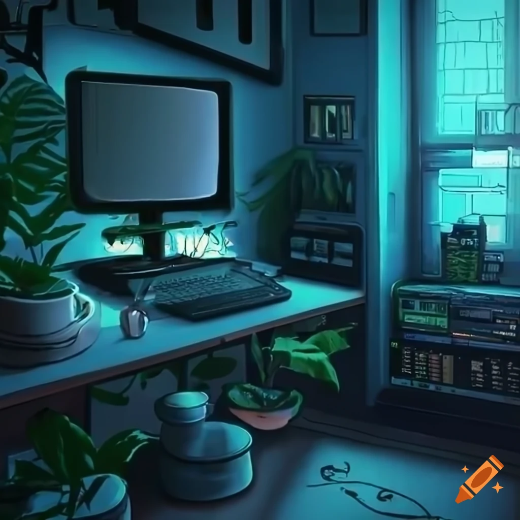 Cozy gaming room with computer, monitor, and plants on Craiyon