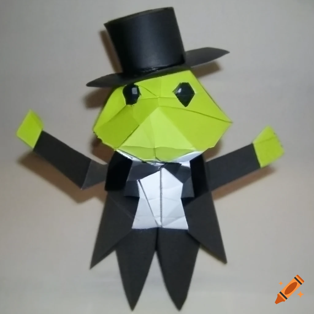 Papercraft frog wearing a black hat and tuxedo origami figure on Craiyon