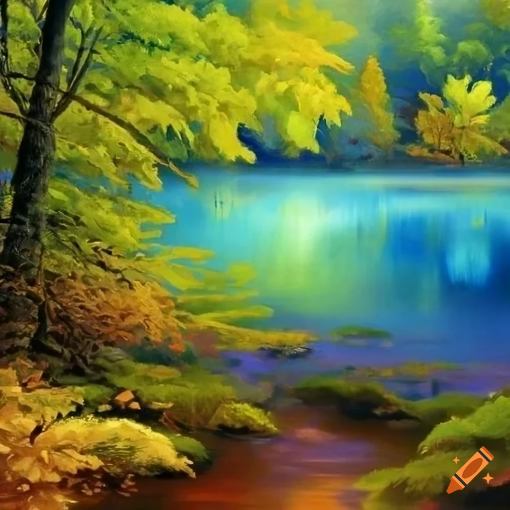 Clair basler style oil painting of a forest lake in spring on Craiyon