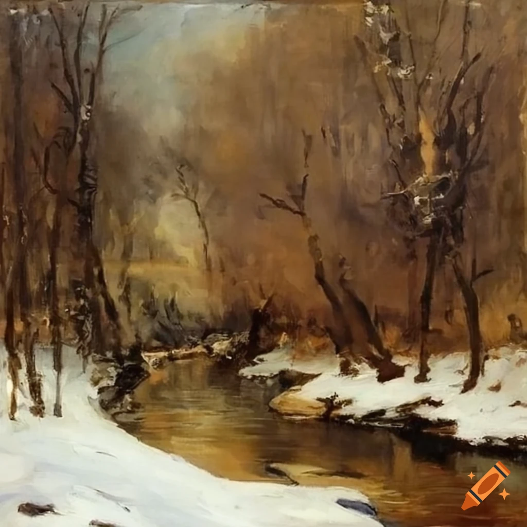 Édouard Manet oil painting of a winter creek on Craiyon