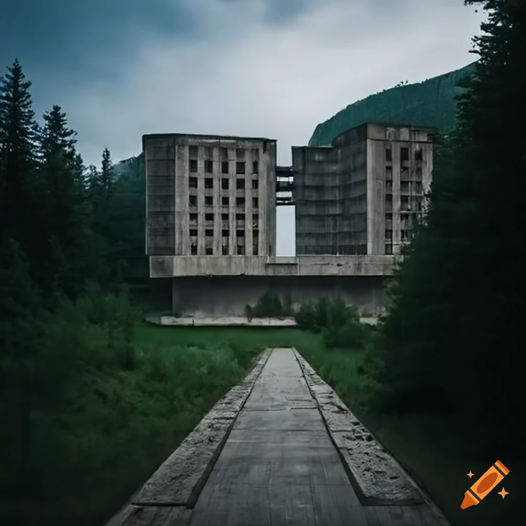 Soviet hotel in the mountains with brutalist architecture on Craiyon