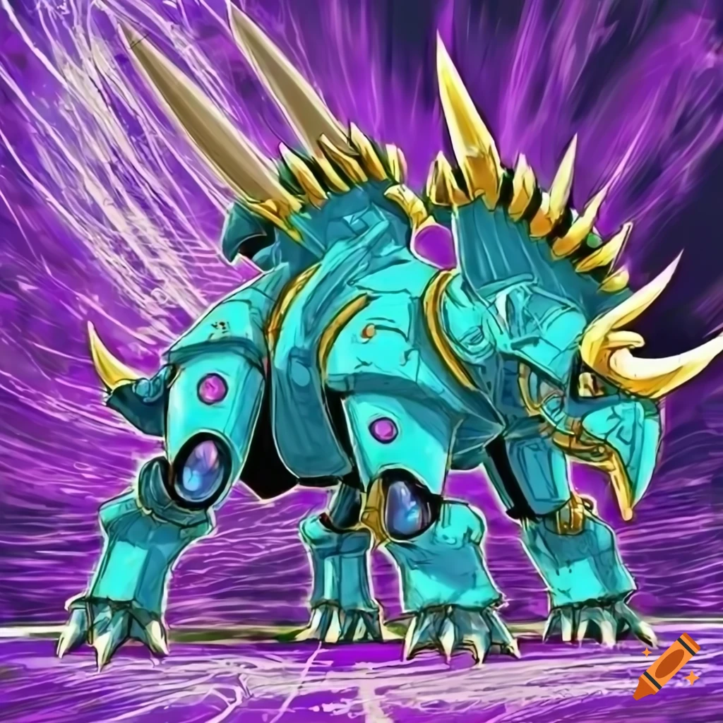 Turquoise centrosaurus robot with purple eyes and yellow horns in a ...