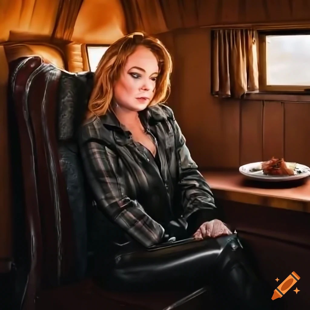 Photorealistic high angle view of a young woman in a country plaid shirt and high waist black ...