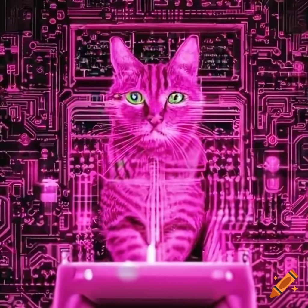 Pink neon cat hacking a computer with shiny circuits on Craiyon