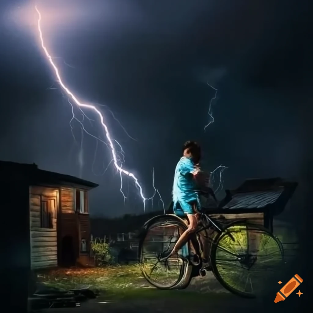 Man riding a bicycle in a dramatic indoor scene with lightning and rain on Craiyon