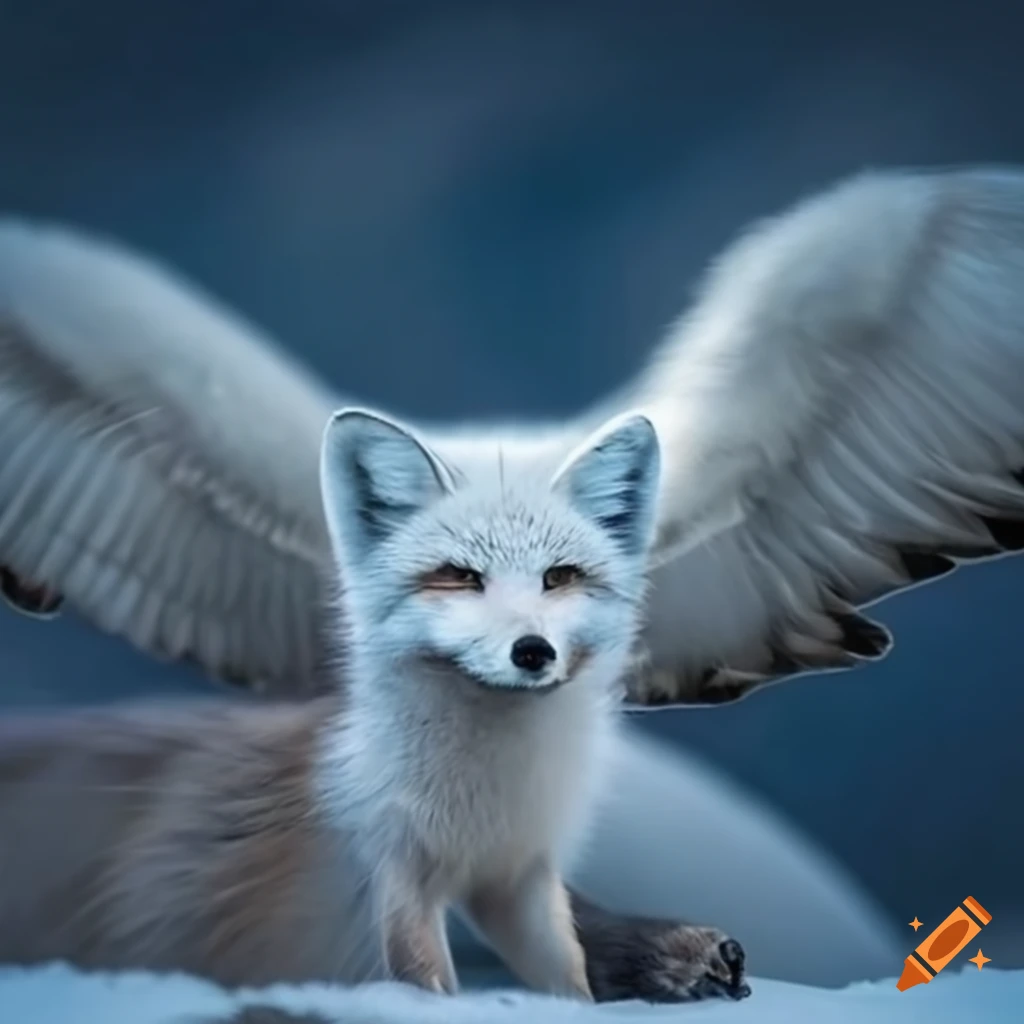 Mythical arctic fox with wings and glacier blue eyes on Craiyon