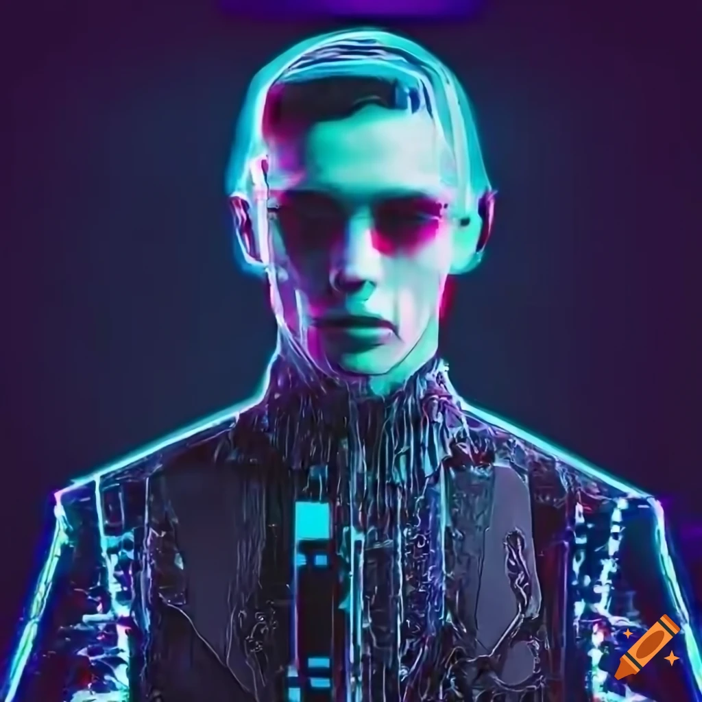 Highly detailed hologram portrait of a stylish futuristic male cyborg ...