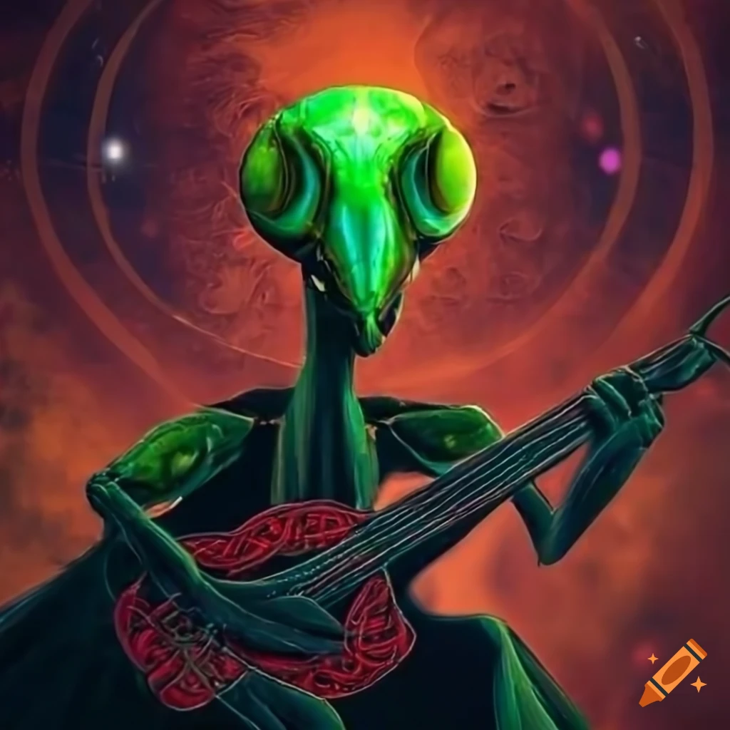 Green preying mantis alien in a black robe playing a Celtic knotwork ...