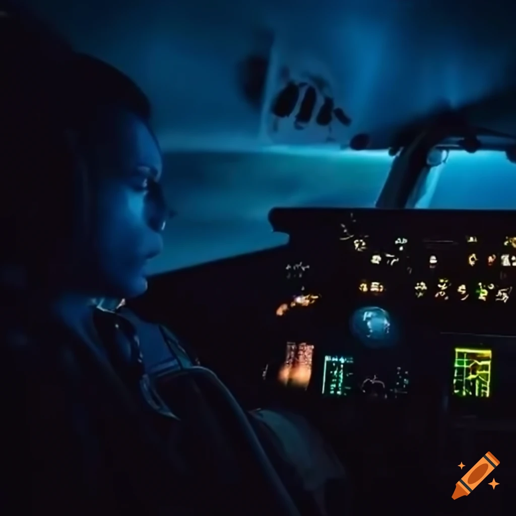 Pilot in a boeing cockpit at night during a storm on Craiyon