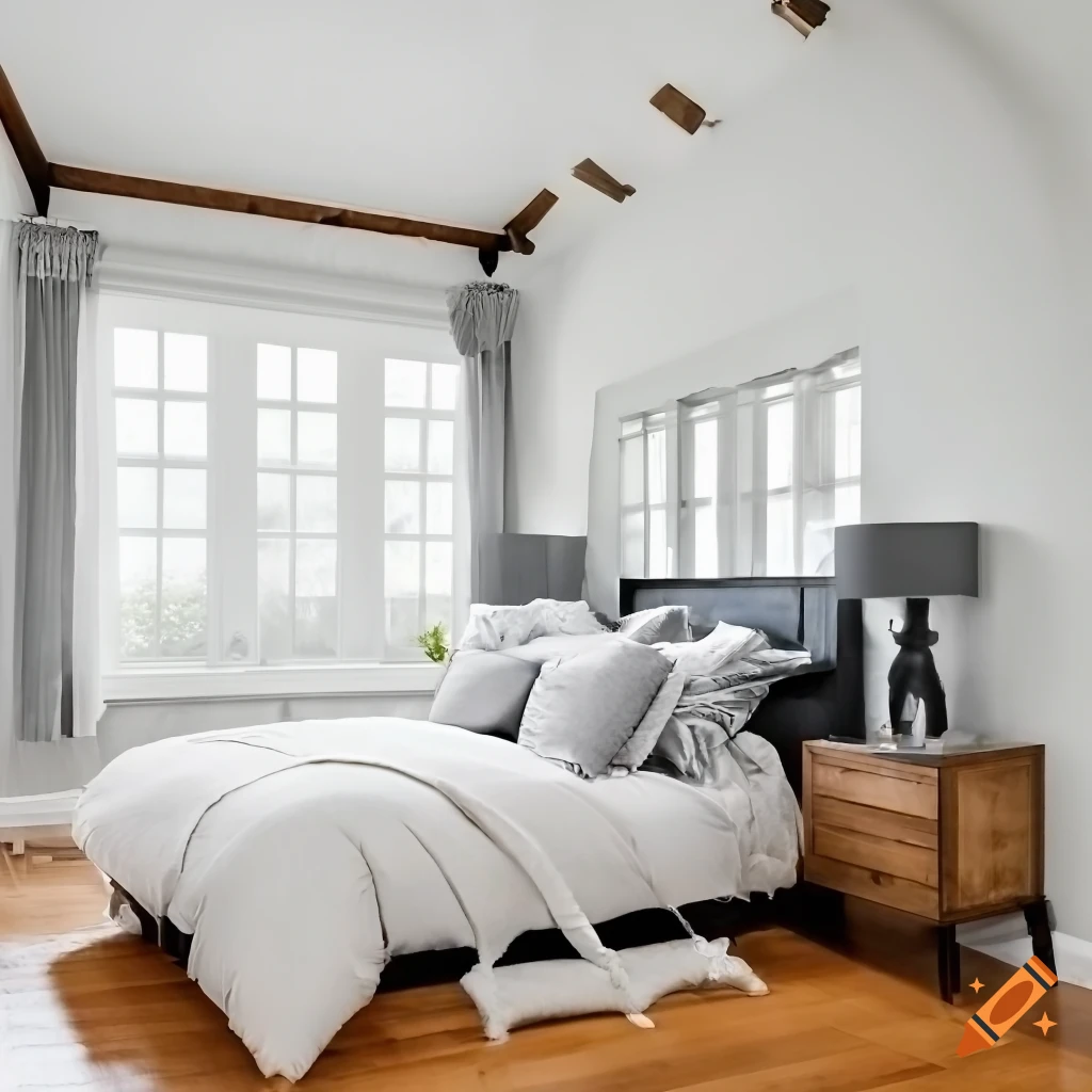 White transitional bedroom with hardwood floors and attic slanted walls ...