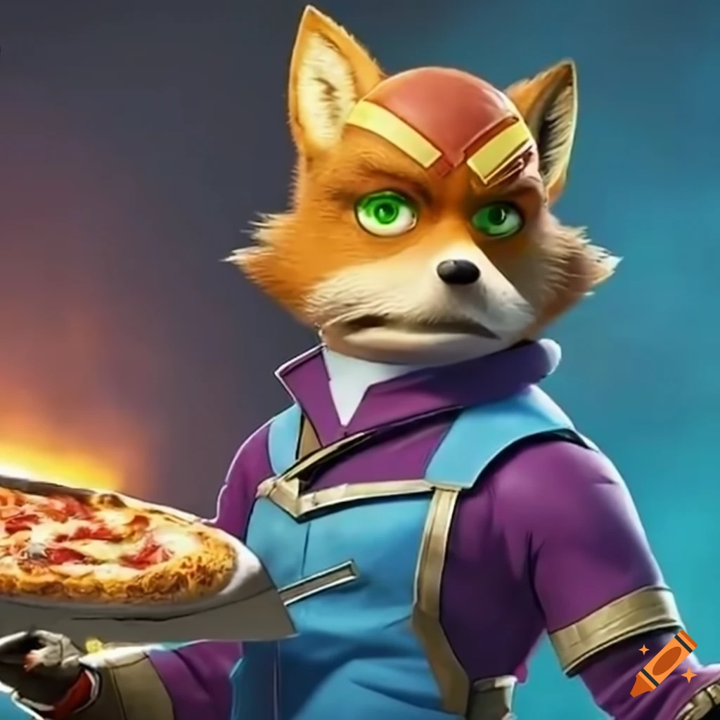 Fox serving pizza to captain falcon at a pizzeria on Craiyon